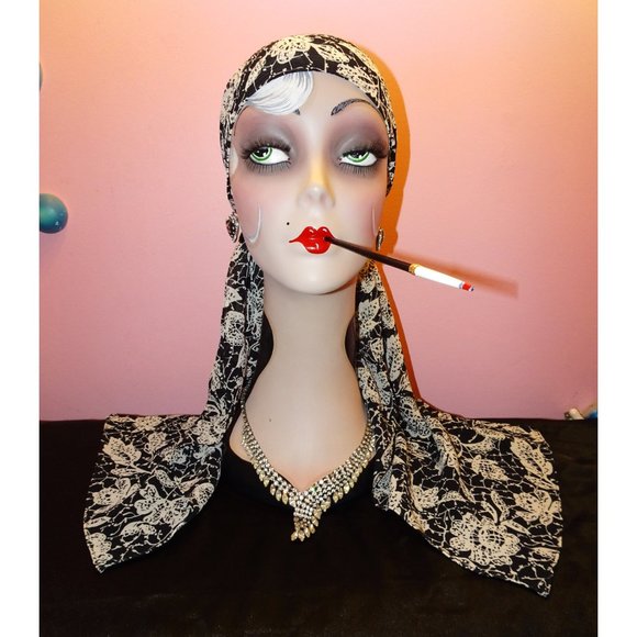 Vintage | Accessories | Vintage Black White Long Floral Scarf Pinup ...